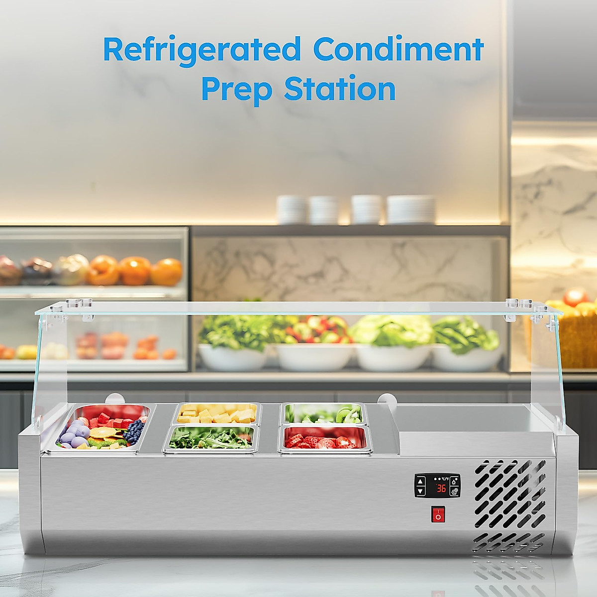 Mojgar Refrigerated Condiment Prep Station, 40 Inch Salad Bar Prep 304 Stainless Body, Sandwich Prep Table with 1 1/3 Pan & 4 1/6 Pans Tempered Glass Shield Auto Defrost