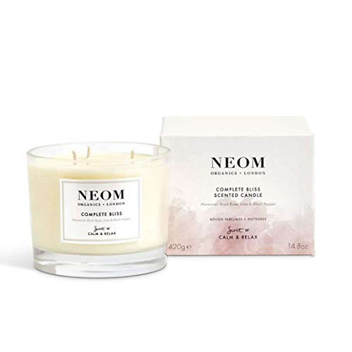 NEOM- Complete Bliss Scented Candle, 3 Wick | Blush Rose, Lime & Black Pepper | Essential Oil Aromatherapy Candle | Scent to De-Stress