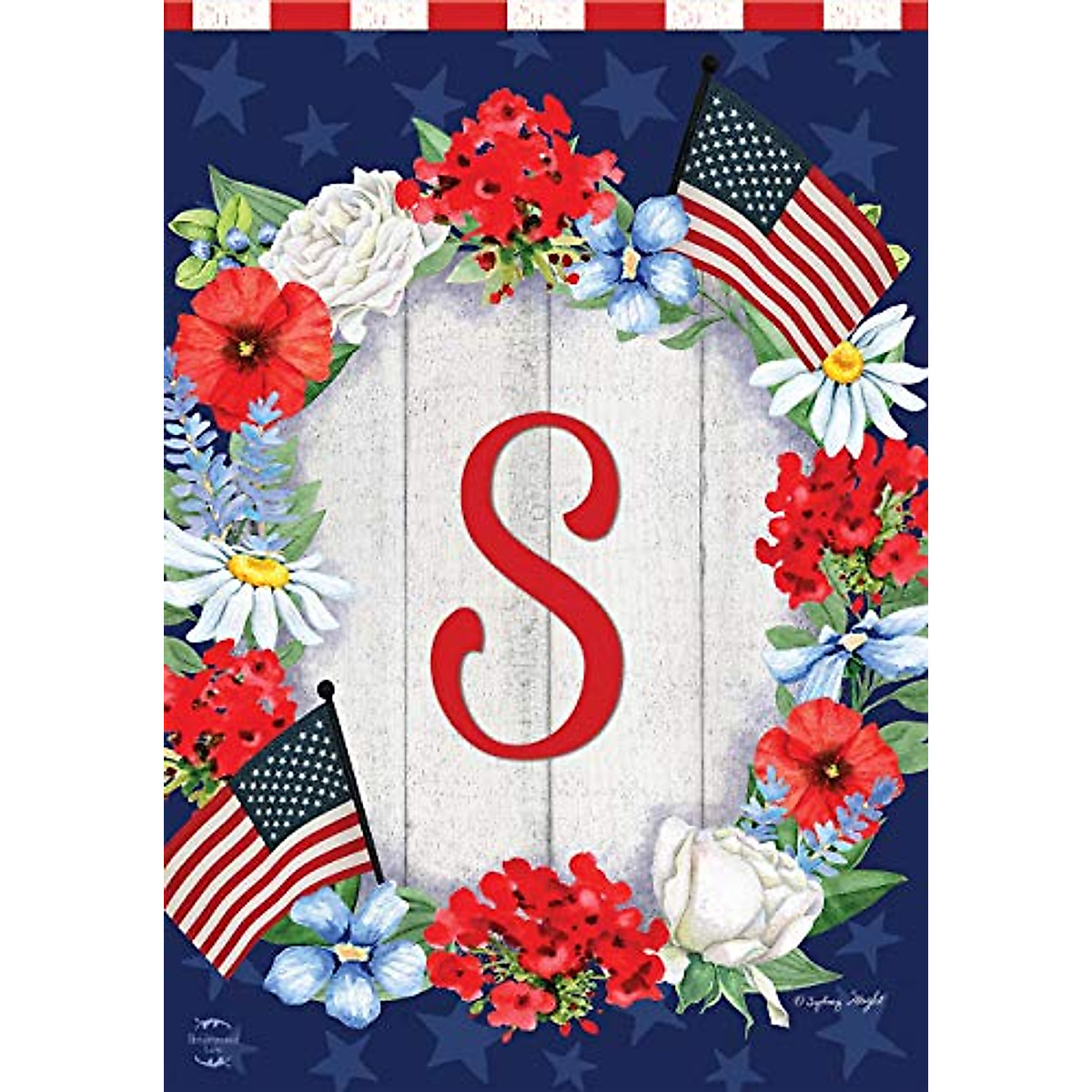 Patriotic Monogram Letter S Garden Flag Floral Wreath Briarwood Lane 18" x 12.5"