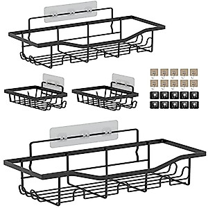 JIANGBAI 24-Pack,Shower Caddy Shelf Organizer Rack with Soap Dish Holder, Adhesive Shower Organizer No Drilling,Rack Wall Mounted Shower Shelves, Self Adhesive Hook (black)