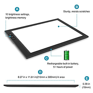 Portable Rechargeable A4 Light Box for Tracing, Ultra-Thin Led Light Pad Adjustable Light Board for Weeding Vinyl, Drawing, Tattoo, Sketching, Animation, Diamond Drawing, Watercolor Drawing