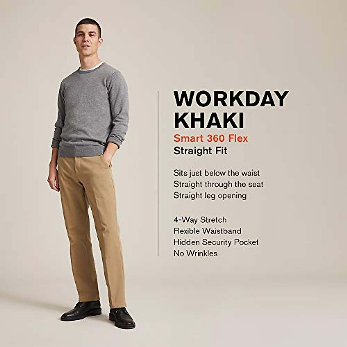 Dockers Men's Straight Fit Workday Khaki Smart 360 Flex Pants (Regular and Big & Tall), Black, 34W x 32L