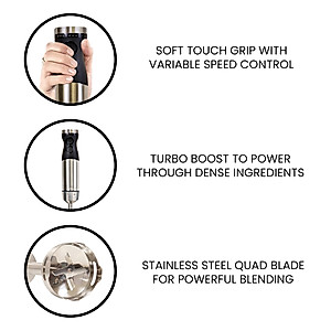 Kenmore Immersion Hand Blender Mixer Variable Speed Blender Handheld Blending Stick Smoothie Food Chopper Whisk 700mL Beaker Lid Baby Food Red Sauces Puree Soup Quad Blade Kitchen Black Silver