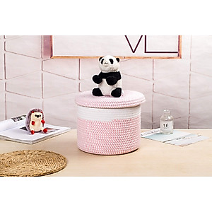 YUKIMOCOO S Size Pink Cotton Rope Basket with Lid Mini Woven Basket Cute Toy Storage Basket Towel Storage Little Organizer Pink Basket for Living Room Nursery Storage Basket Pink Basket for Girl