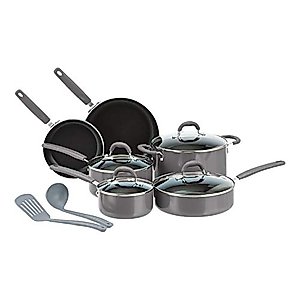 Amazon Basics Ceramic Non-Stick 12-Piece Cookware Set, Grey - Pots, Pans and Utensils