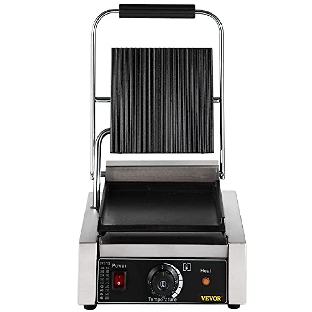 Happybuy Commercial Sandwich Panini Press Grill,110V 1800W Up Grooved and Down Flat Plates Electric Sandwich Maker, Temperature Control 122°F-572°F for Hamburgers Steaks Bacons
