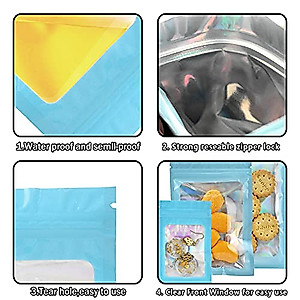 YOTOZU 100-Pack Holographic Resealable Bag Ziplock Food Storage Aluminium Foil Mylar Smell Bag Plastic Flat Packaging Pouch for Party Favor Food Candy Jewelry Lip Gloss Optional Multi Color（Blue,4x6）