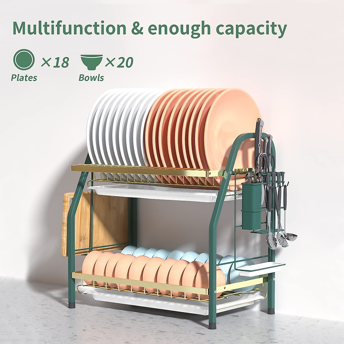 Boiarc Dish Drying Rack, 2 Tier Dish Rack for Kitchen Counter with Drainboard and Utensil Holder, Large Dish Drainer for Small Kitchen - Gold and Green¡­