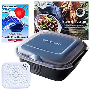 GOURLAB+ Microwave Cookware 6 in 1 Anyday Cookware Freezer & Oven Safe, Vegetable, Rice, Ramen Microwave Steamer BPA Free (Black) - Made in Japan…