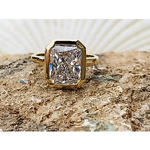 BeBold 2ct Engagement Ring for Women Radiant Cut Simulated Diamond CZ Bezel Set Solitaire Yellow Gold Plated