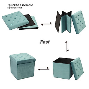 B FSOBEIIALEO Storage Ottoman Cube Velvet Tufted Folding Ottomans Footstool Rest Seat with Removable Lid (Teal, Medium)