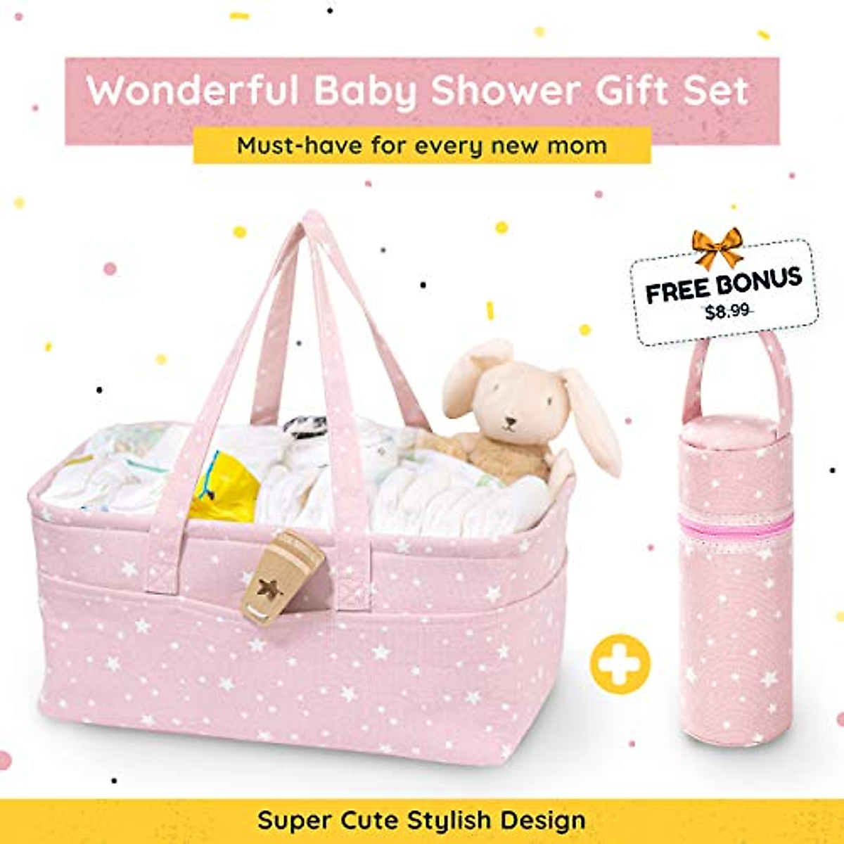 StarHug Baby Diaper Caddy Organizer - Baby Shower Basket | Large Nursery Storage Bin for Changing Table | Car Travel Tote Bag | Newborn Registry Must Have | Bonus Bottle Cooler | Pink