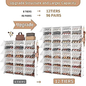 ROJASOP Shoe Storage Cabinet, 12-Tier Shoe Organizer 96 Pairs Extra Large Plastic Shoe Rack with Covers Portable Shoe Rack Organizer with Doors Big Shoe Rack for Closet Entryway Bedroom