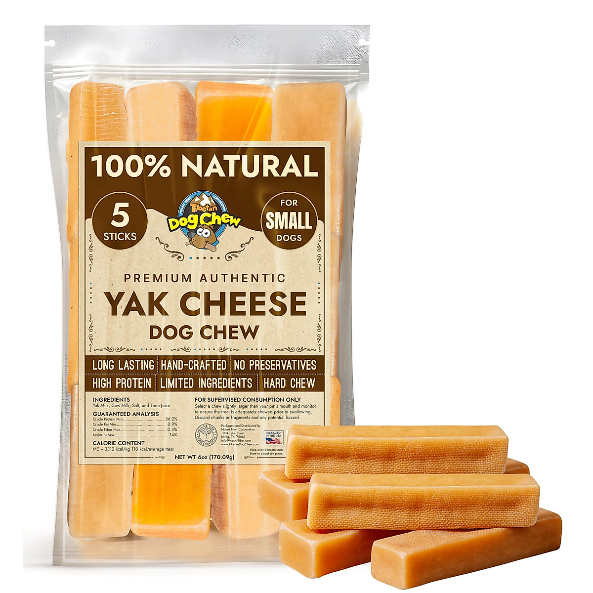 Tibetan Dog Chew Yak Cheese Sticks - Natural Treats for Small Dogs, Longer Lasting, Digestible, Promotes Dental Health, Rawhide, and Grain-Free, Ideal for Aggressive Chewers, 5-Pack