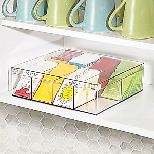 mDesign Tea Storage Organizer Box - 8 Divided Sections, Easy-View Hinged Lid - Use in Kitchen, Pantry, and Cabinets; Holder for Tea Bags, Packets, Small Items and Accessories, BPA free - Clear