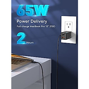 Baseus USB C Charger, 65W 3 Port Foldable USB C Wall Charger, Fast PD GaN Charger for iPhone 14/14 pro/13 Pro/13 Pro Max/SE/Mini/11/XR/XS, Steam Deck, Samsung S22+/S22, MacBook, iPad, Pixel 6, Black