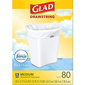 Glad Trash & Food Storage Medium Kitchen Drawstring Trash Bags 8 Gallon White Trash Bag, Fresh Clean Scent, 80 Count (Package May Vary)
