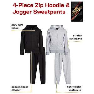Quad Seven Boys' Fleece Jogger Set - 4 Piece Basic Solid Full Zip Hoodie and Sweatpants (Size 8-18), Size 8-10, Black/Heather Grey