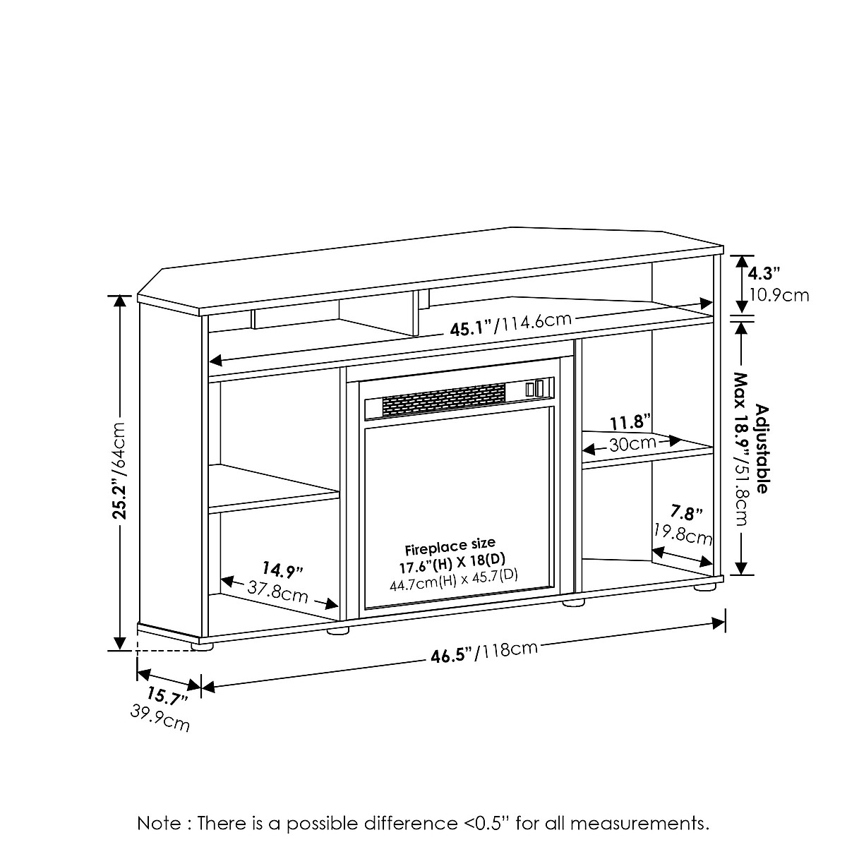 Furinno Jensen Corner TV Stand with Fireplace for TV up to 55 Inches, Americano
