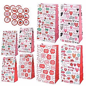 HOWAF Valentines Gift Bags Party Favors -12 PCS Valentine Paper Bags+18 PCS Valentine Stickers, 2 Patterns Valentine Treat Bags Valentine Goodies Bags for Wrapped Gifts Party Supplies Decoration