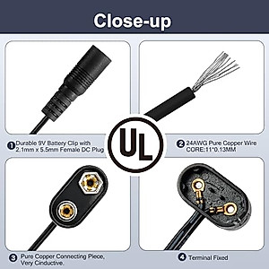 Chanzon UL Wires 9v Female Connector Battery Clip 2.1mm x 5.5mm Converter 9 Volt Power Eliminator Adapter Supply Plastic I Type 5 Pack Connection