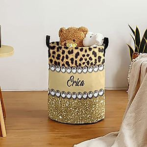NZOOHY Leopard Print Golden Personalized Waterproof Foldable Laundry Basket Bag with Handle, Custom Collapsible Clothes Hamper Storage Bi