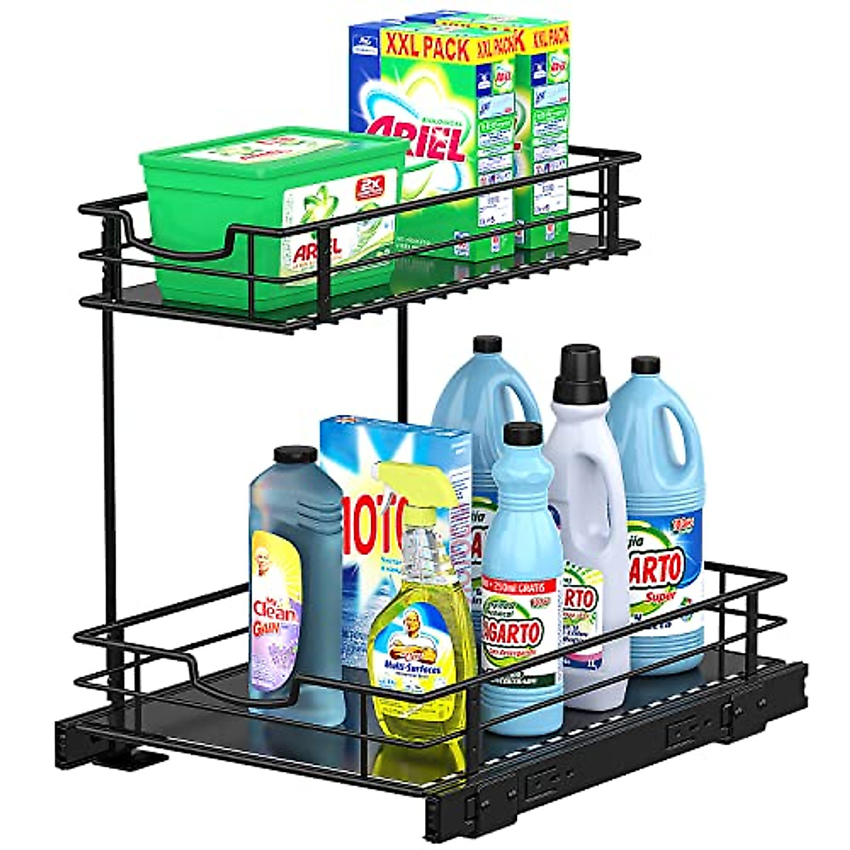 Lekind Under Sink Cabinet Organizer Storage with 2 Tier Pull Out Sliding Shelf with Protective Shelf Liners for Kitchen Bathroom Cabinet, Black