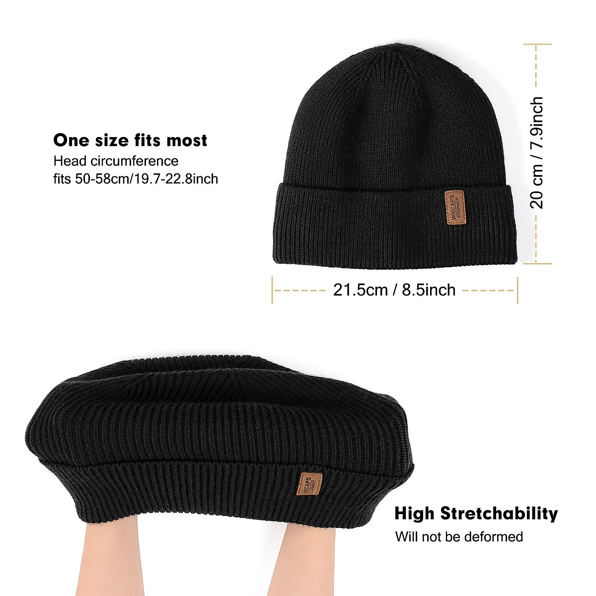Winter Beanie Hats for Men Women, Fleece Lined Beanie Soft Warm Knit Hat Ski Stocking Cuffed Cap (Black)