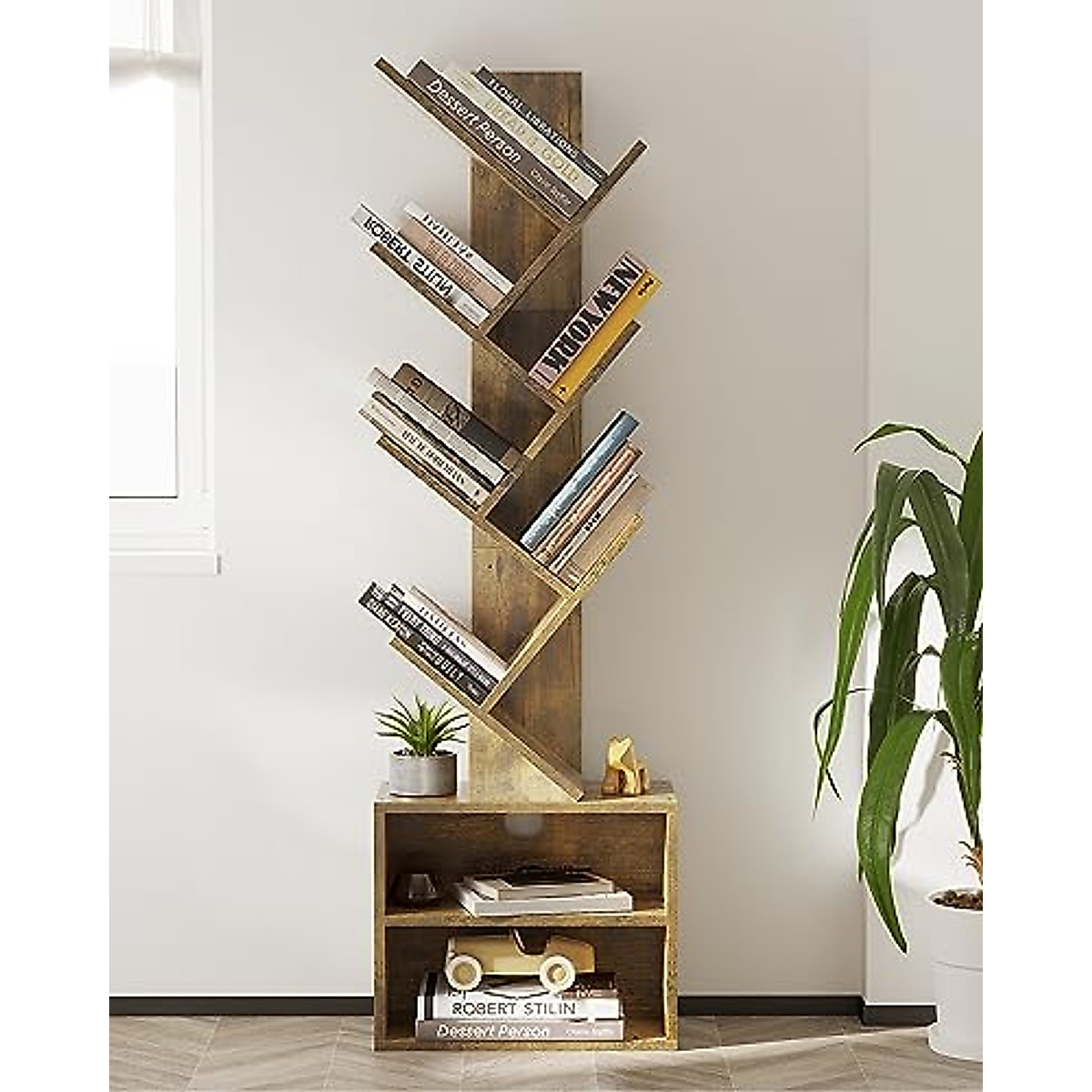 SUNMORY 6 Tier Tree Bookshelf, Small Bookcase with Storage Cabinet, Modern Tall Narrow Bookshelves Organizer, Floor Standing Book Shelf for Bedroom/Living Room/Home Office/Corner, Rustic Brown