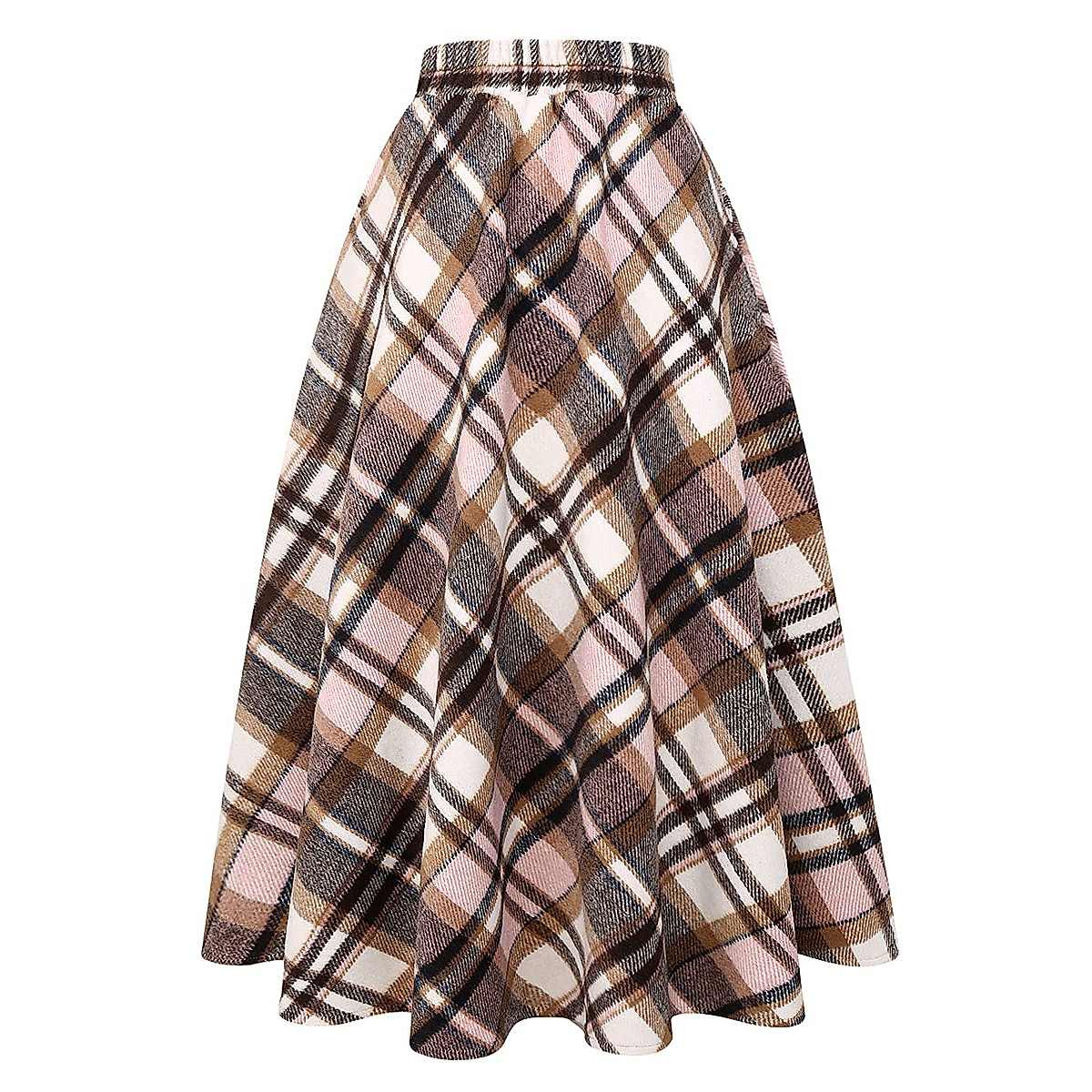 IDEALSANXUN Womens High Elastic Waist Maxi Skirt A-line Plaid Winter Warm Flare Long Skirt (Small, Long Pink 719)