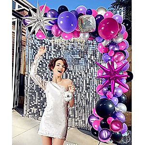 Women Birthday Disco Party Decorations, Girls Birthday Party Balloons Black Purple Rose Red Metallic Silver Explode Star Mylar Silver Disco Ball Balloon for Females Bachelorette Hip Pop Party Decor