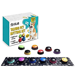 Kilab Talking Dog Buttons– Pack of 12 Recordable Dog Communication Buttons with 2 Mats | Talking Buttons for Dogs & Cats | Talking Dog Button for Communication with 30 Stickers (12 Pack)