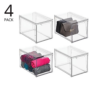 mDesign Plastic Stackable Closet Storage Organizer Bins with Pull Out Drawer for Cabinet, Desk, Shelf, Cupboard, or Dresser Organization - Lumiere Collection - 4 Pack - Clear