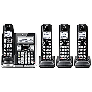 PANASONIC Link2Cell Bluetooth Cordless Phone System with Voice Assistant, Call Blocking and Answering Machine. DECT 6.0 Expandable Cordless System - 4 Handsets - KX-TGF574S (Silver)