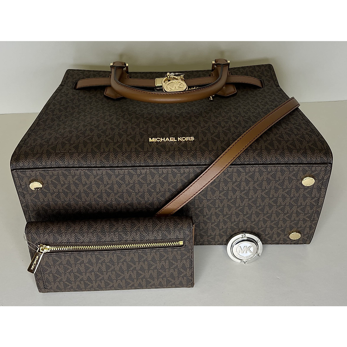 MICHAEL Michael Kors Hamilton MD Satchel bundled with Trifold Wallet and Purse Hook (Signature MK Brown)