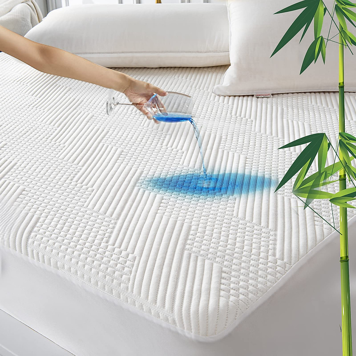 GRT King Waterproof Mattress Protector Rayon Bamboo - 3D Air Fiber Cooling Mattress Cover Breathable Ultra Soft, Mattress Pad Noiseless Fits up to 26'' Deep Pocket Washable