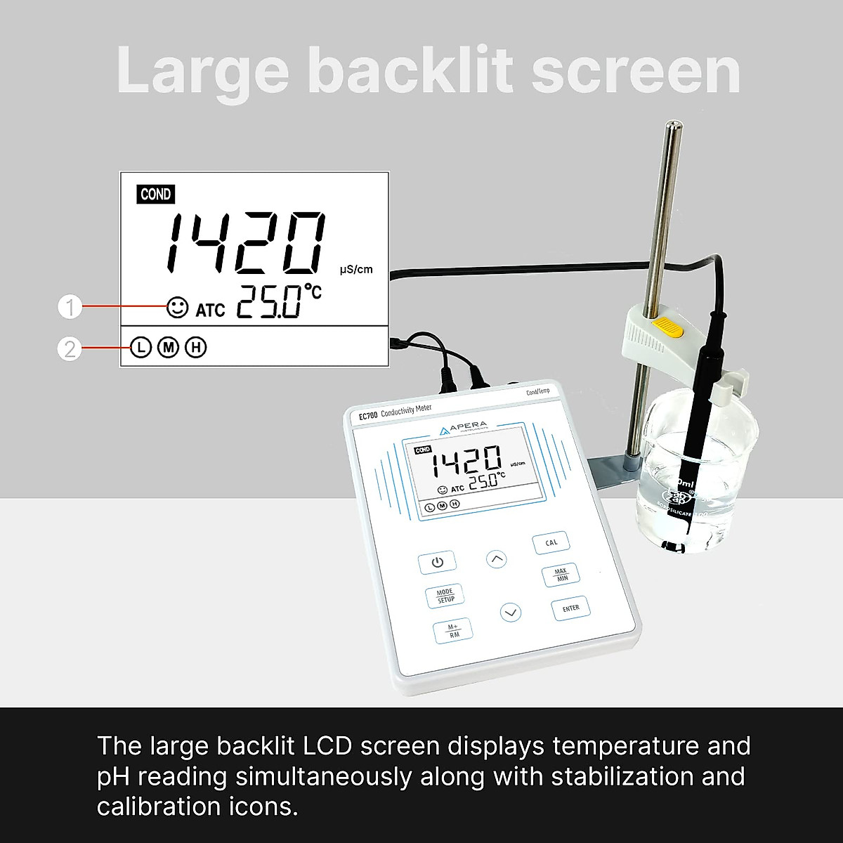 Apera Instruments AI502 EC700 Benchtop Lab Conductivity/Temperature Meter, Plastic, 1% F.S Accuracy, 0-200.0 mS/cm Range, 1-4 Points Auto Calibration