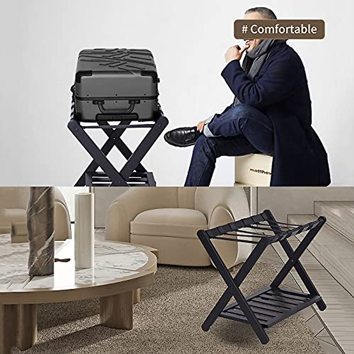 Unbrands Luggage Rack,Folding Luggage Rack with Shelf for Bedroom,Guest Room,Hotel,Black