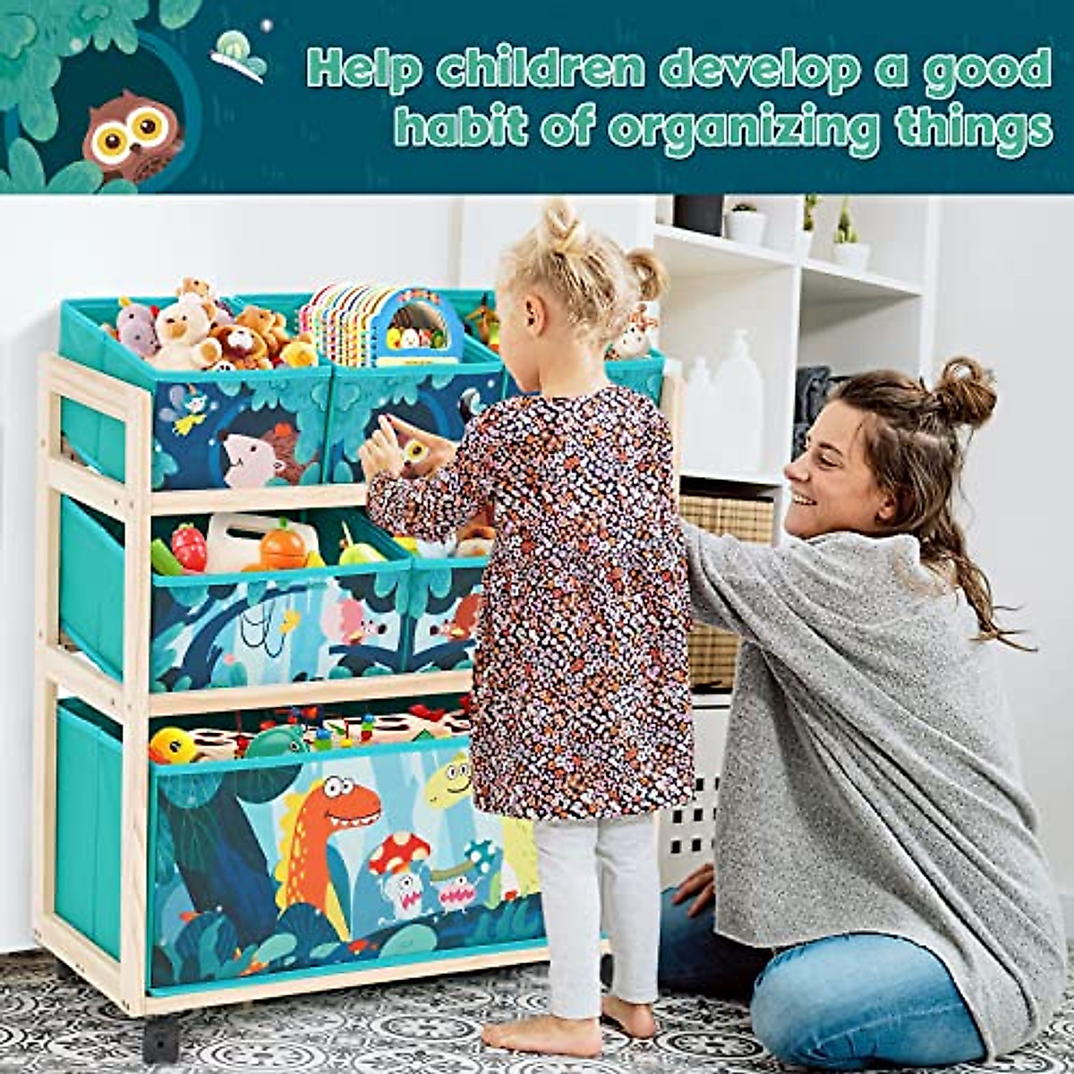 Toy Storage Organizer with Wheels, Utility Storage Cabinet, Rolling Cart with Large Storage Bins for Hold ing Toys, Books, Blankets, Blocks