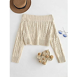 ZAFUL Women Off Shoulder Cable Knit Crop Tops Sweater Long Sleeve Cropped Pullover Sweaters Batwing Jumper