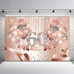 Sensfun Rose Gold Happy 60th Birthday Backdrop Decorations for Women Pink Glitter Ribbon Balloons Dots Photography Background Shining Diamond Sixty Years Old Party Banner Photo Studio Props 7x5ft