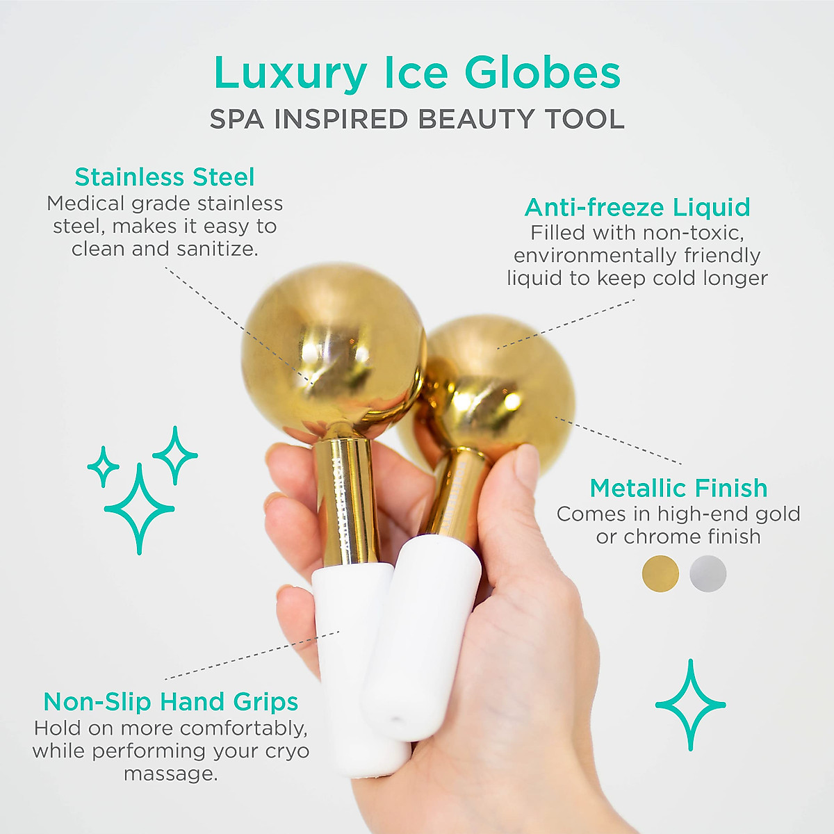MonétBeauty Stainless Steel Ice Globes for Facials (Gold), Durable Cryo Globes Instantly Reduce Puffiness, Tighten Pores and Sinus Relief, Face Globes for Facial Massages and Daily Beauty Routines