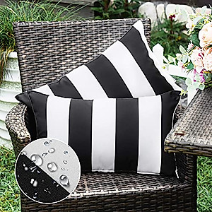 Western Home Pack of 2 Decorative Outdoor Solid Waterproof Striped Throw Pillow Covers Polyester Linen Garden Farmhouse Cushion Cases for Patio Tent Balcony Couch Sofa 12x20 inch Black