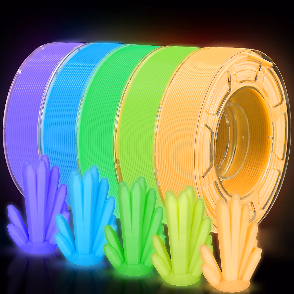 Aystkniet PLA Filament 1.75mm Bundle, Glow in The Dark Filament Multicolor Pack with Green Blue Purple Orange Red, 3D Printer Filament 250g X 5 Spools, Dimensional Accuracy +/- 0.02 mm