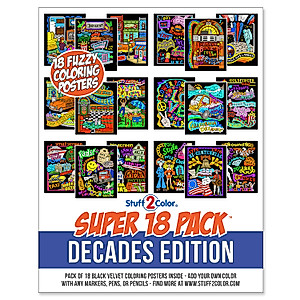 Stuff2Color Super Pack of 18 Fuzzy Velvet Coloring Posters (Decades Edition: 50's, 60's, 70's) - Great for Family Time, Arts & Crafts, Travel, At Home, Care Facilities [All Ages Coloring: Girls, Boys, Adults, Toddlers, Teens]