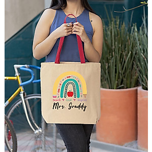 shop4ever® Custom Personalized Teacher Teach Love Inspire Rainbow Cotton Canvas Tote Reusable Shopping Bag Natural - Red 1 Pack