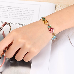 Puadun Elegant Cloisonne Flower and Leaf Bangle Bracelet with Sparkling Rhinestone Charm and Adjustable Extension Chain - Gift for Women, Comes in Gift Box