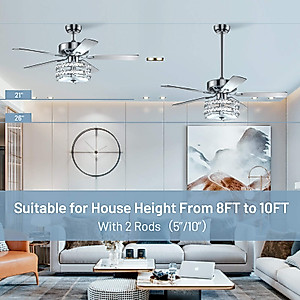 Tangkula Ceiling Fan with Crystal Light, 52 Inches Classical Ceiling Fan with Remote Control & 5 Iron Reversible Blades, 3 Speeds & 8 Hours Timer Function & Mute Motor (Silver)
