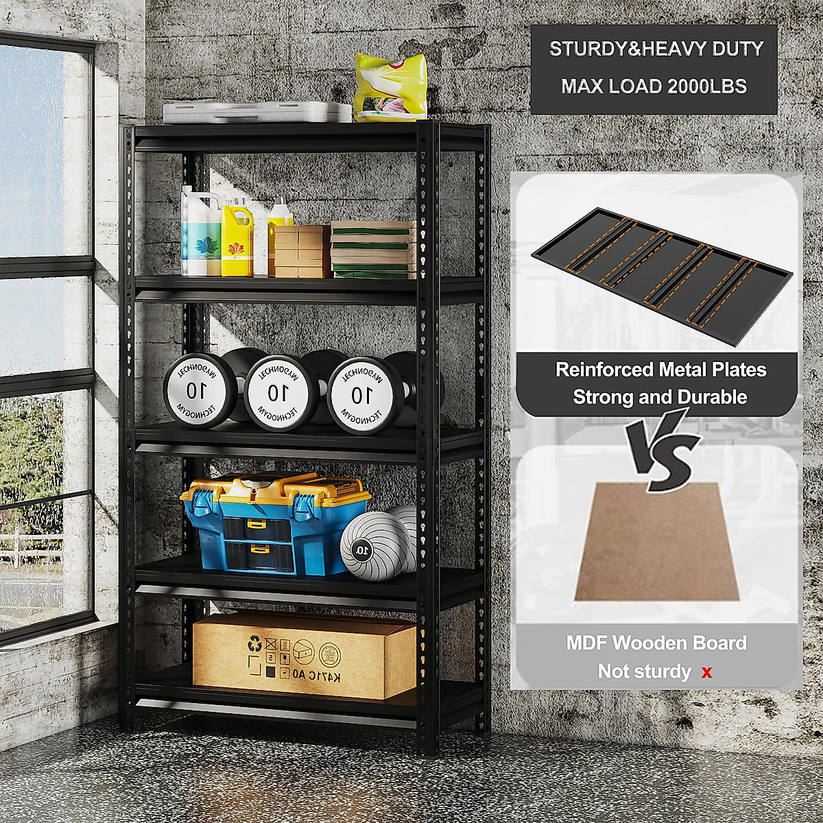 Kilyssa 72" H Garage Shelving Heavy Duty Storage Shelves Loads 2000 LBS, Adjustable 5 Tier Shelving Units Metal Shelves Storage Rack Shelf for Garage,Warehouse,Basement 31.5"W x 15.7"D x 72"H, Black