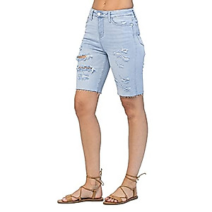 Judy Blue Women's High-Rise Destroyed Cutoff Bermuda Shorts (Light Blue, Large)